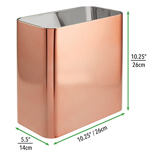 mDesign Small Metal 2.4 Gallon/9 Liter Trash Can Wastebasket Garbage Bin for Bathroom, Slim Rubbish Waste Bin Trashcans for Master/Guest Bath, Mirri Collection, Rose Gold
