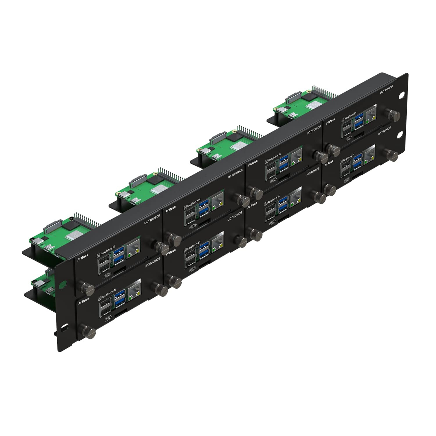 UCTRONICS 19" 2U Raspberry Pi Rackmount, Metal Double-Tier Rack Mount Kit Supporting 8 Raspberry Pi 4B,3B/3B+ Boards and More Add-On Hats, Front-Removable with Captive Loose-Off Screws