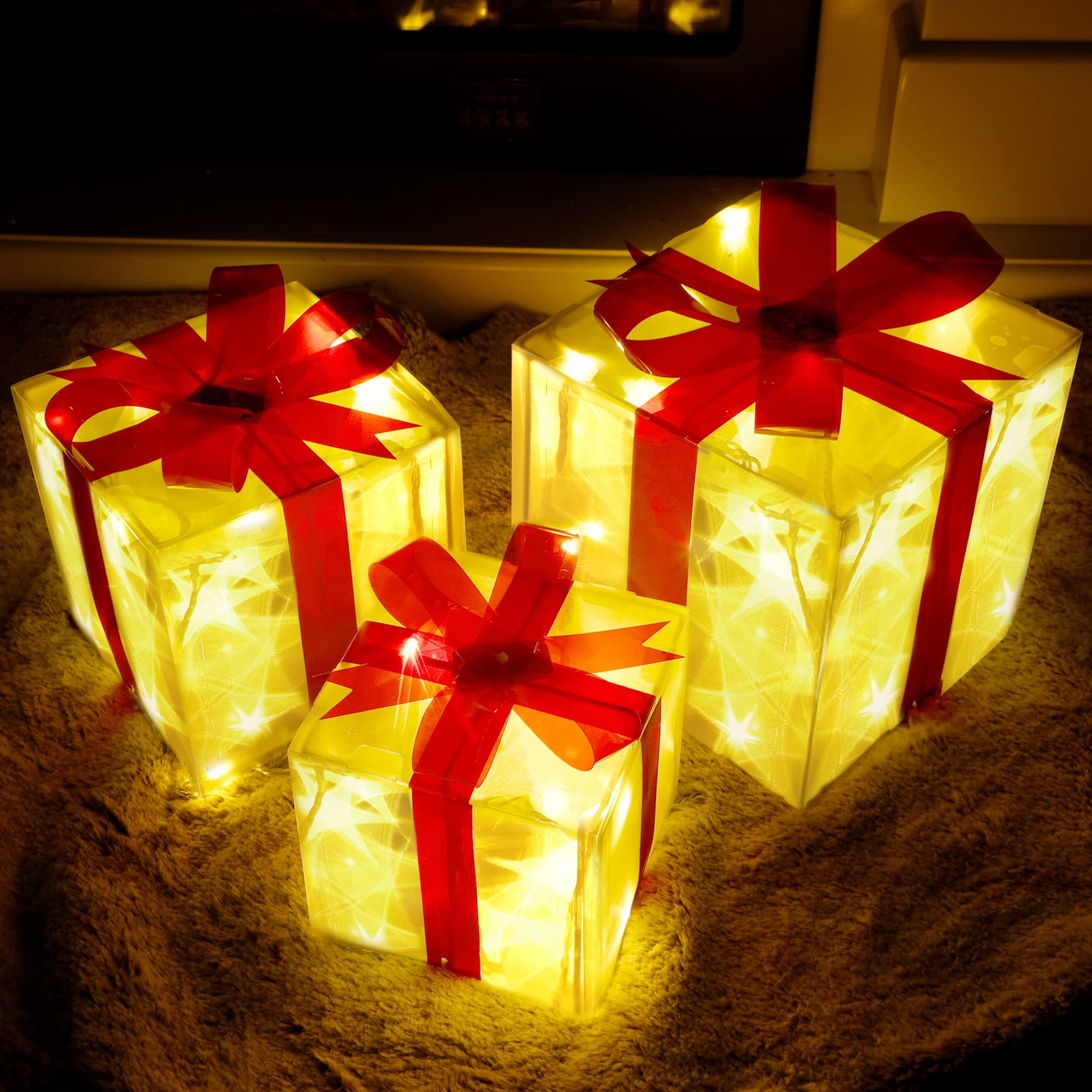 Lulu Home Decor, 60 LEDs Light Up Boxes with Red Bows, Plug-in Warm White Lighted Xmas Boxes for Christmas Tree Holiday Party Indoor Outdoor Decors, Set of 3