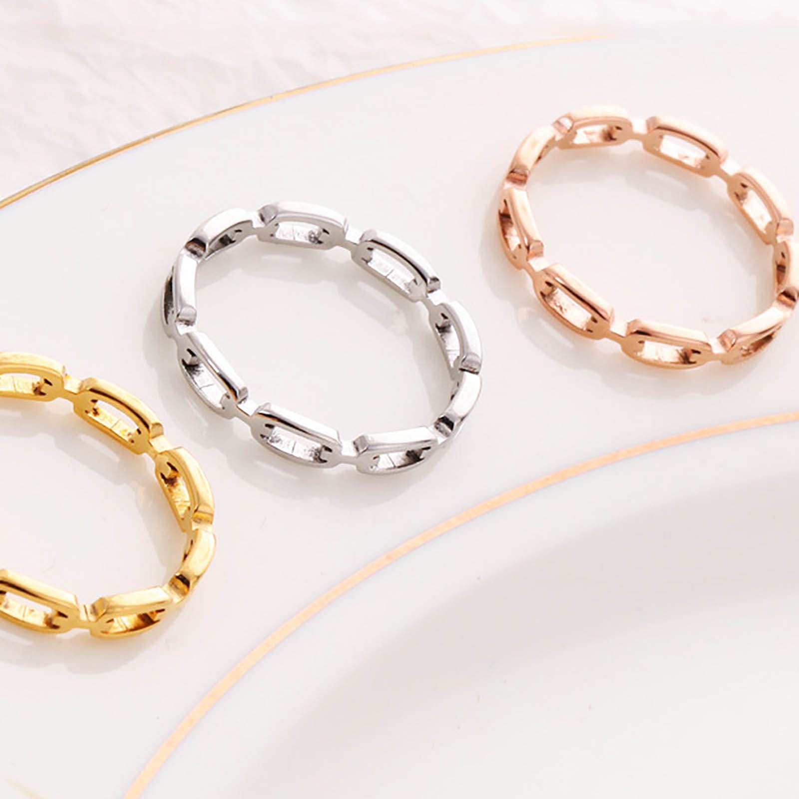 Paper Clip Ring Titanium Cubic Zirconia Rings Set for Women Girls Chain Link Ring Minimalist Stackable Finger Band Stainless Steel Cuban Ring (9)