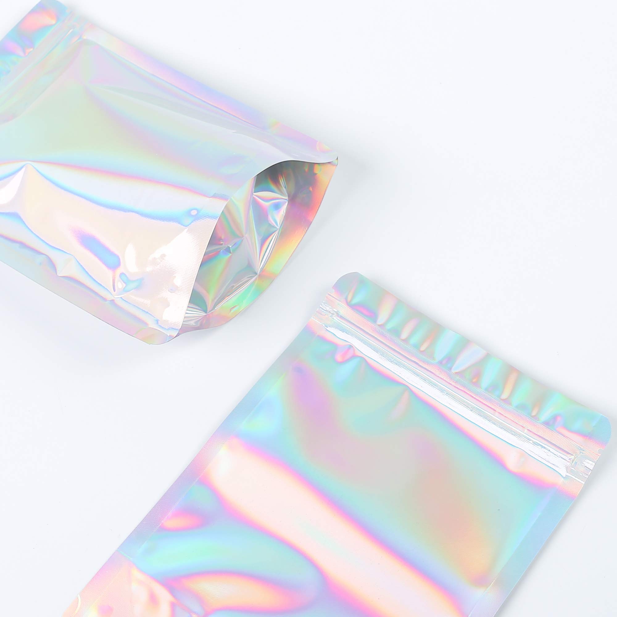 QQ Studio Pack of 100 Windowed or Double Sided Holographic Stand Up Packaging Bags with QuickQlick™ Seal for Food and Snacks (Double-Sided Silver Base Hologram, 16x24cm (6.3x9.4"))