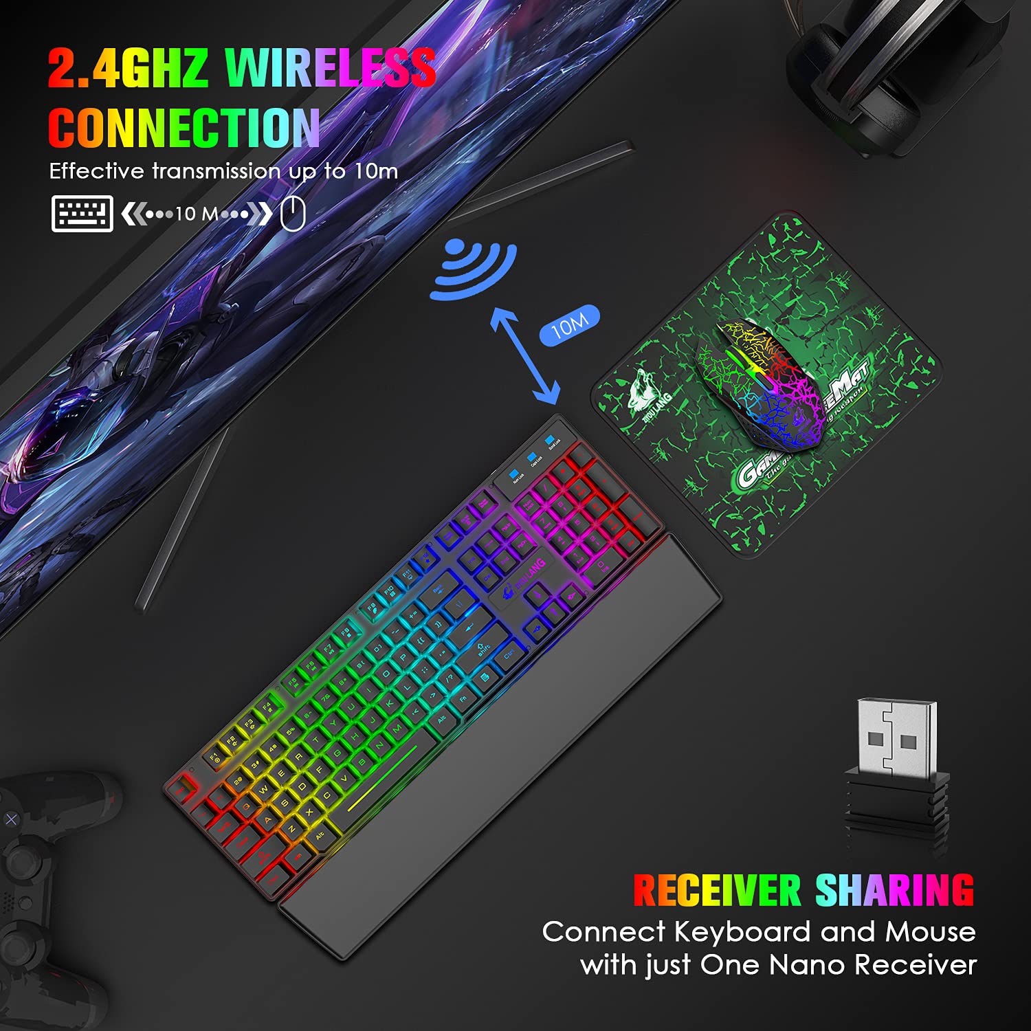 Rechargeable Wireless Gaming Keyboard and Mouse Combo with Wrist Rest Rainbow Backlight Mechanical Feel Gaming Keyboard RGB Crack Gamer Mouse Large Mice Pad for Windows PC and Desktop