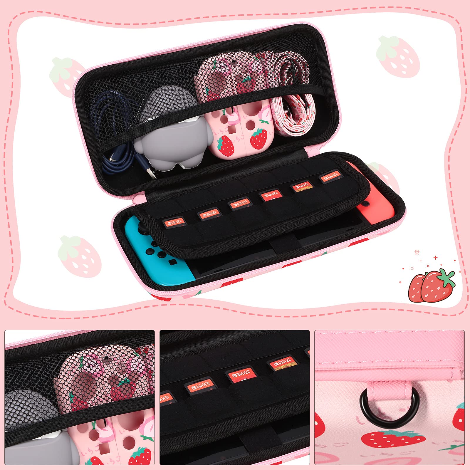 Pink Strawberry Pattern Protective Case and Carrying Case Compatible with Nintendo Switch, Soft Slim Case Cover for Console and Controllers, Hard Shell Travel Carrying Bag with 12 Game Card Slots