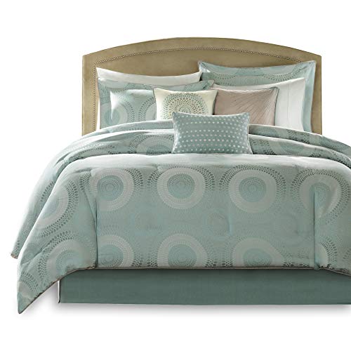 Madison Park Baxter Queen Size Bed Comforter Set Bed in A Bag - Seafoam Green Blue, Jacquard Medallion – 7 Pieces Bedding Sets – Ultra Soft Microfiber Bedroom Comforters