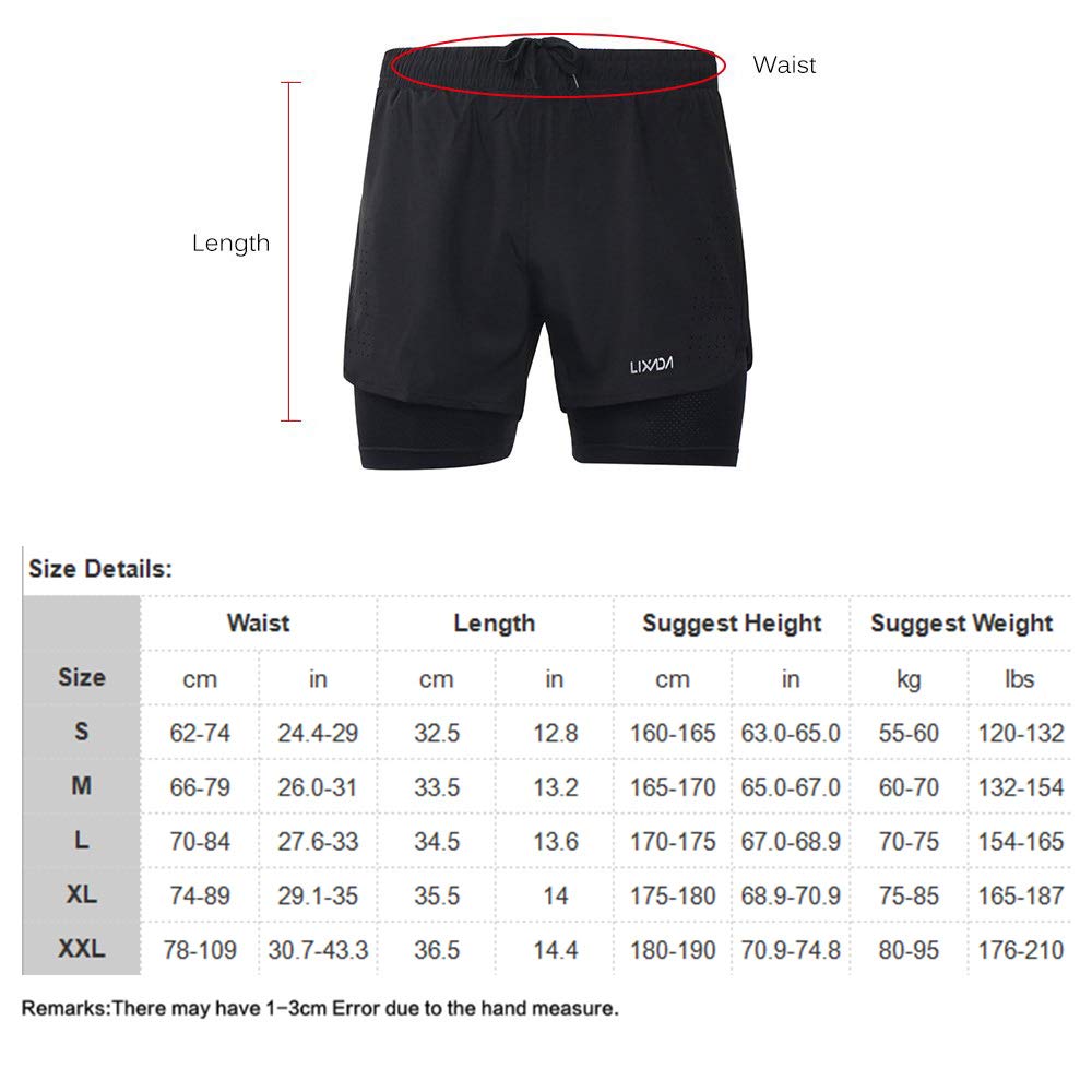 Lixada Men's 2-in-1 Running Shorts Quick Drying Breathable Active Training Exercise Jogging Cycling Shorts with Longer Liner & Reflective Elements, Black/Blue/Green/Grey