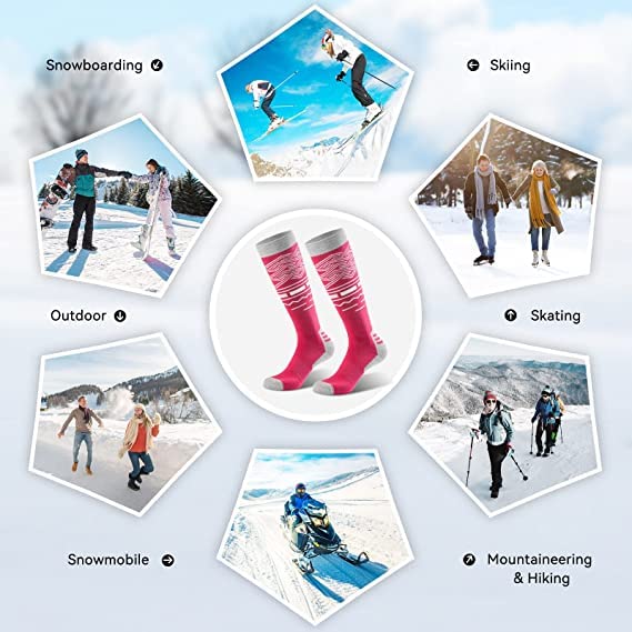 Ski Socks Mens Womens 1 Pack Thick OTC Breathable Non-Slip Cuff Skiing Socks for Cold Weather Winter Socks(Red,L)
