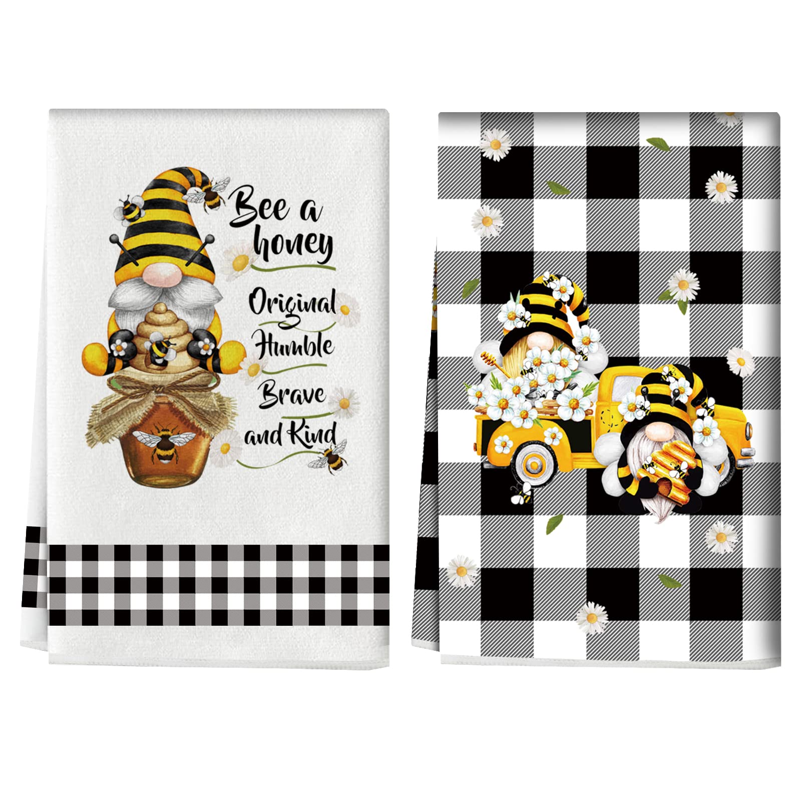 POILKMNI Bee Gnome Kitchen Dish Towels, Honey Black White Buffalo Plaid Check Tea Towels Dishcloths, Summer Farmhouse Daisy Hand Towels, Bee Kitchen Decor, Housewarming Gifts for New Home
