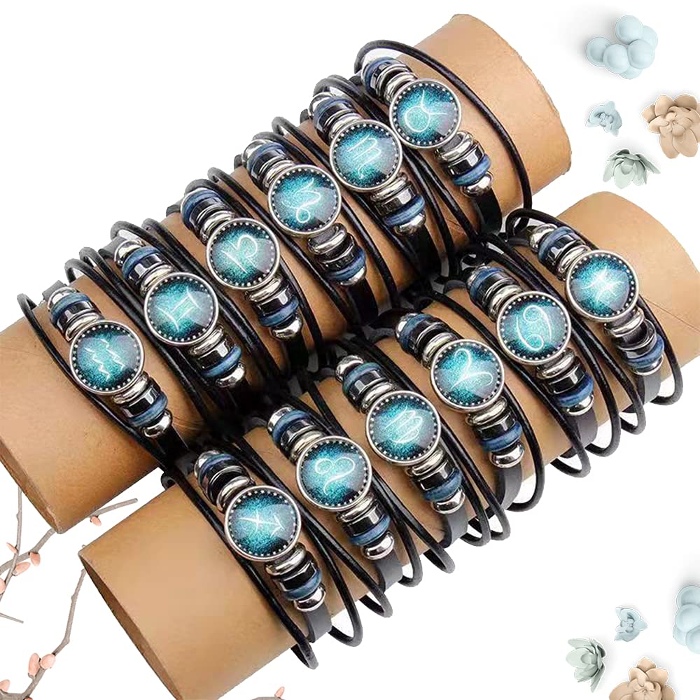 NIGHTCRUZ Constellation Braided Rope Bracelet - Punk Alloy Leather Bracelet - Hand Woven Braided Rope Bracelet Punk Chain Cuff 2 PCS (Pisces)