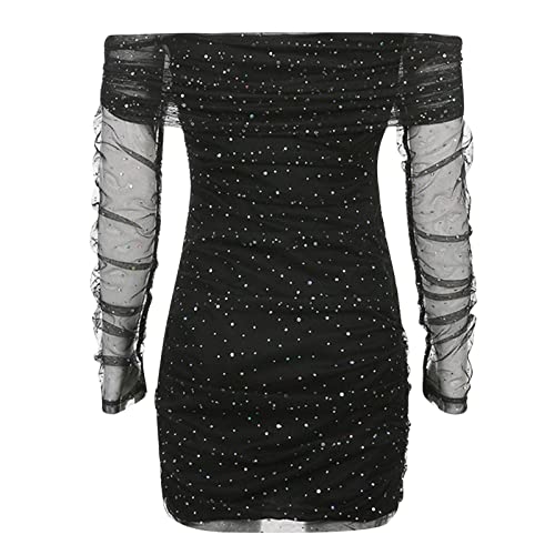 Pinkpaopao Off Shoulder Ruched Mini Dress Glitter Sequins Mesh Long Sleeve Elegant Prom Dress