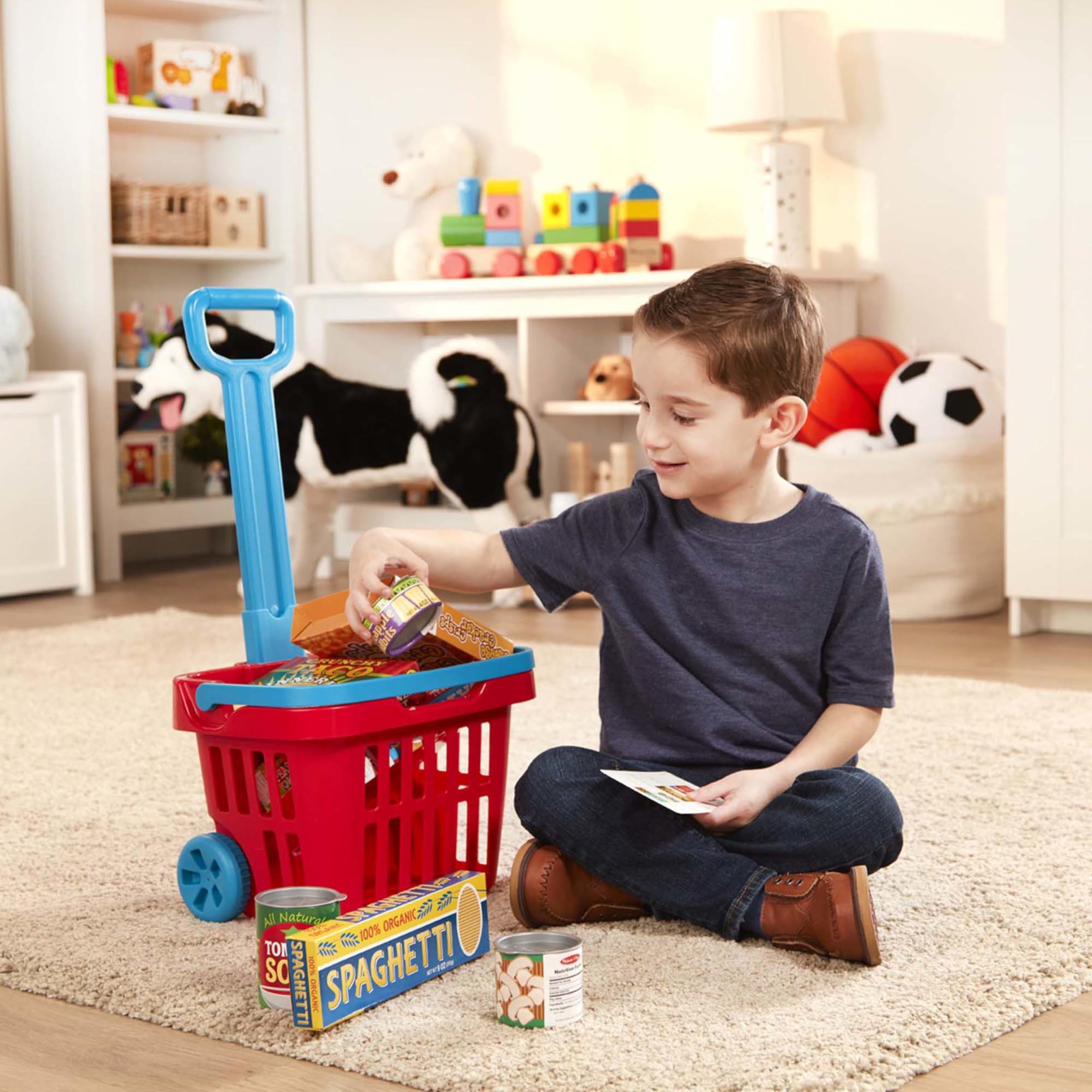 Melissa & Doug Fill and Roll Grocery Basket Play Set With Play Food Boxes and Cans (11 pcs), Frustration-Free Packaging)