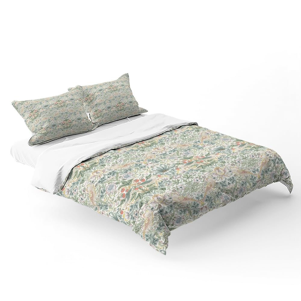 William Morris Floral Bird Duvet Cover Set,White/Green Flower Bedding Set 3PCS Mid Century Vintage Comforter Cover Set for Bedroom,Soft Lightweight All Seasons,Queen Duvet Cover with 2 Pillowcases