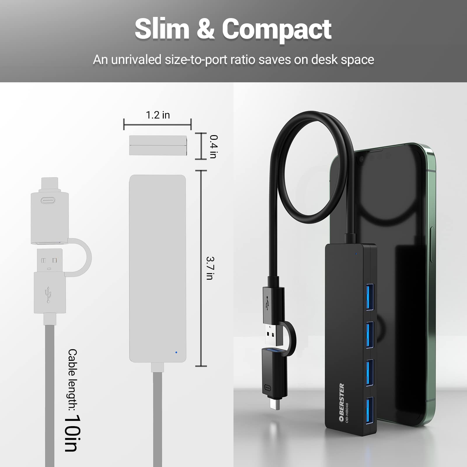 USB 3.0 Hub 5Gbps with USB C Adapter, Ultra Slim USB Adapter USB Splitter USB 3.0 Hub USB 3.0 Adapter with 4 USB 3.0 Port USB Splitter for MacBook, iMac Pro, Mac Mini/Pro, Surface Pro, Dell, HP