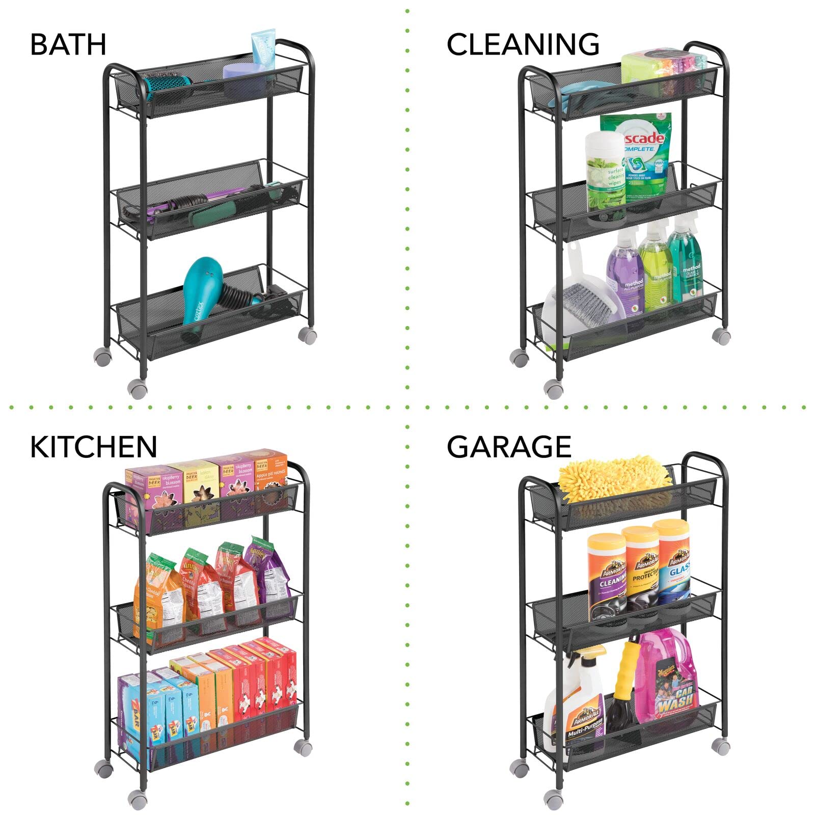 mDesign Steel Rolling Utility Cart Storage Organizer Trolley with 3 Basket Shelves for Laundry Room, Mudroom, Garage, Bathroom Organization - Holds Detergents, Hand Soap - Biro Collection, Light Pink
