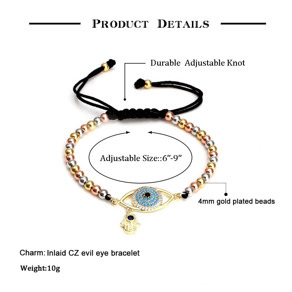 LJWVX Evil Eye 4mm Gold Plated Beads Bracelet Adjustable String Protection Bracelets for Women Girls