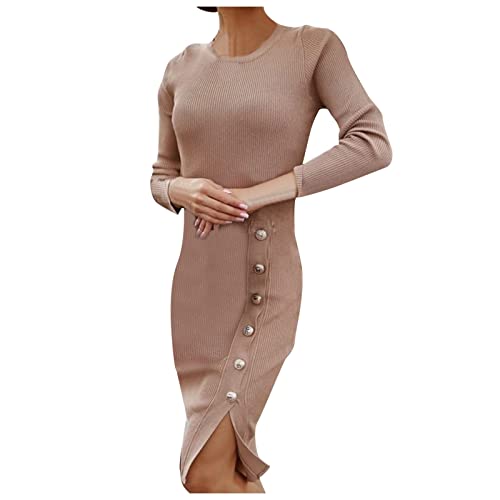 Pinkpaopao Sweater Wrap Dress for Women Side Button Split Midi Dress Long Sleeve Crewneck Elastic Dress