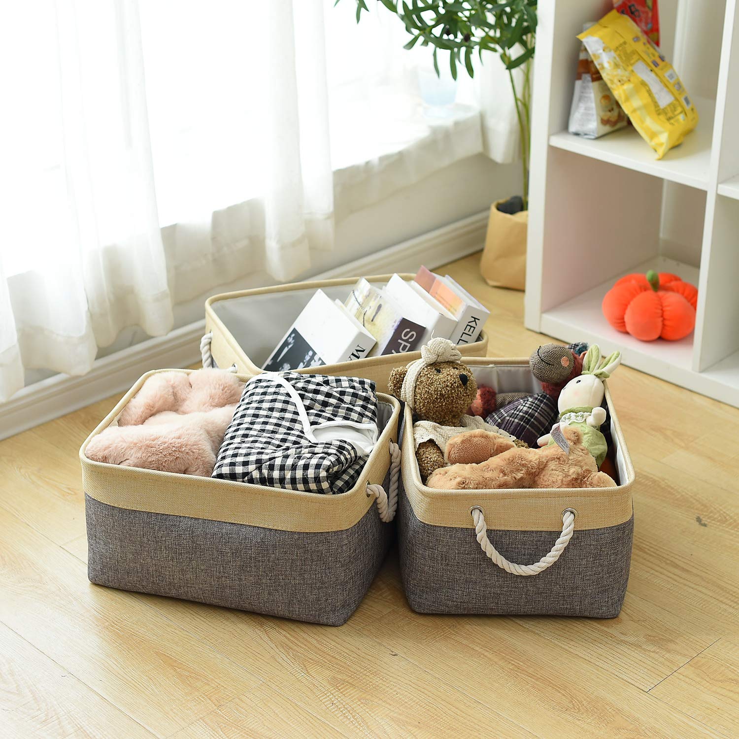 Tegance Storage Baskets Bins for Organizing, Foldable Sturdy Fabric Basket WHandles, Large Rectangular Decorative Storage Basket for Shelves Nursery Closet Toy Blanket， Grey&Gold (3 Pack