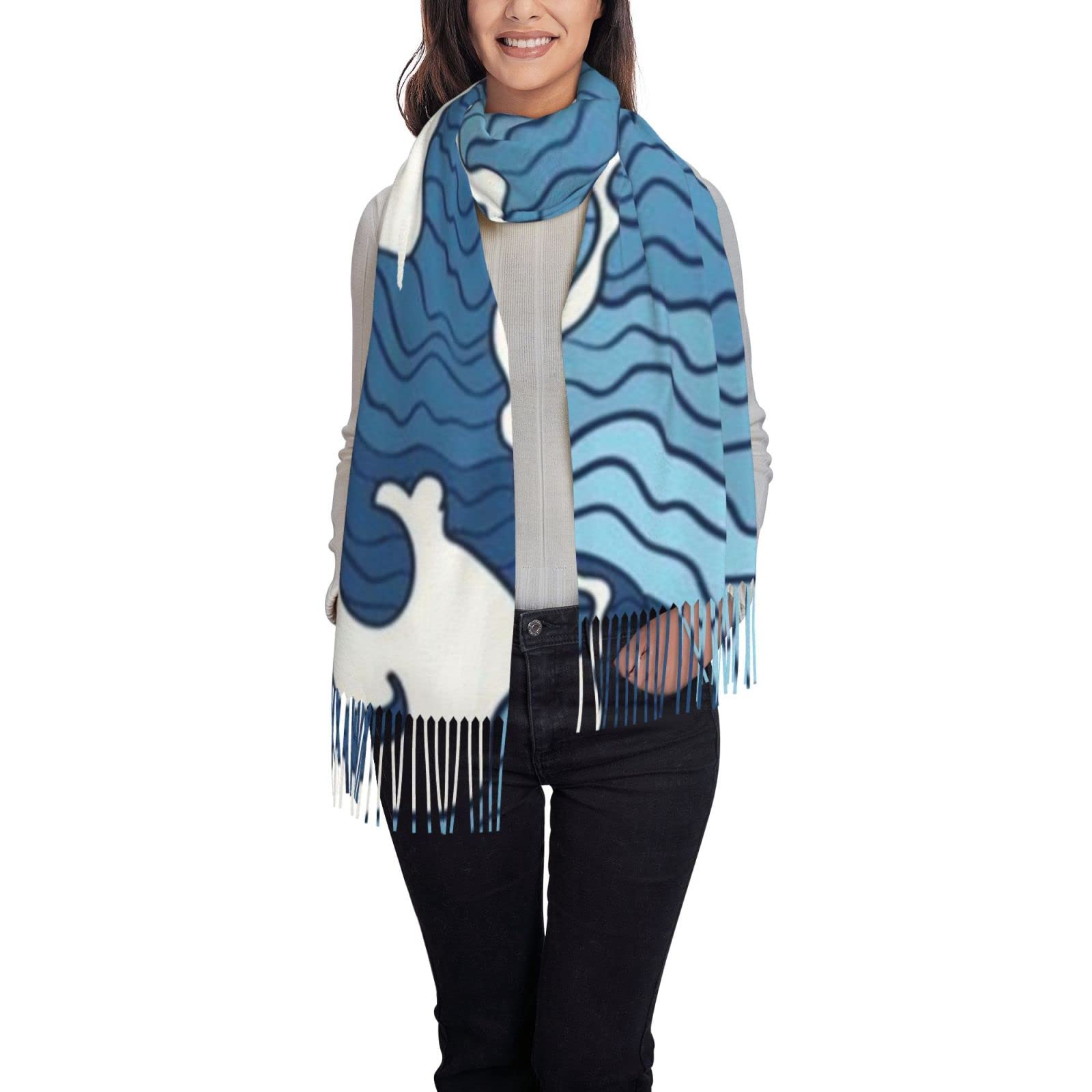 Soft Cashmere Feel Scarf Winter Warm Scarves Large Pashmina Shawl Wraps Gifts, Chinese Japanese Blue and White Wave