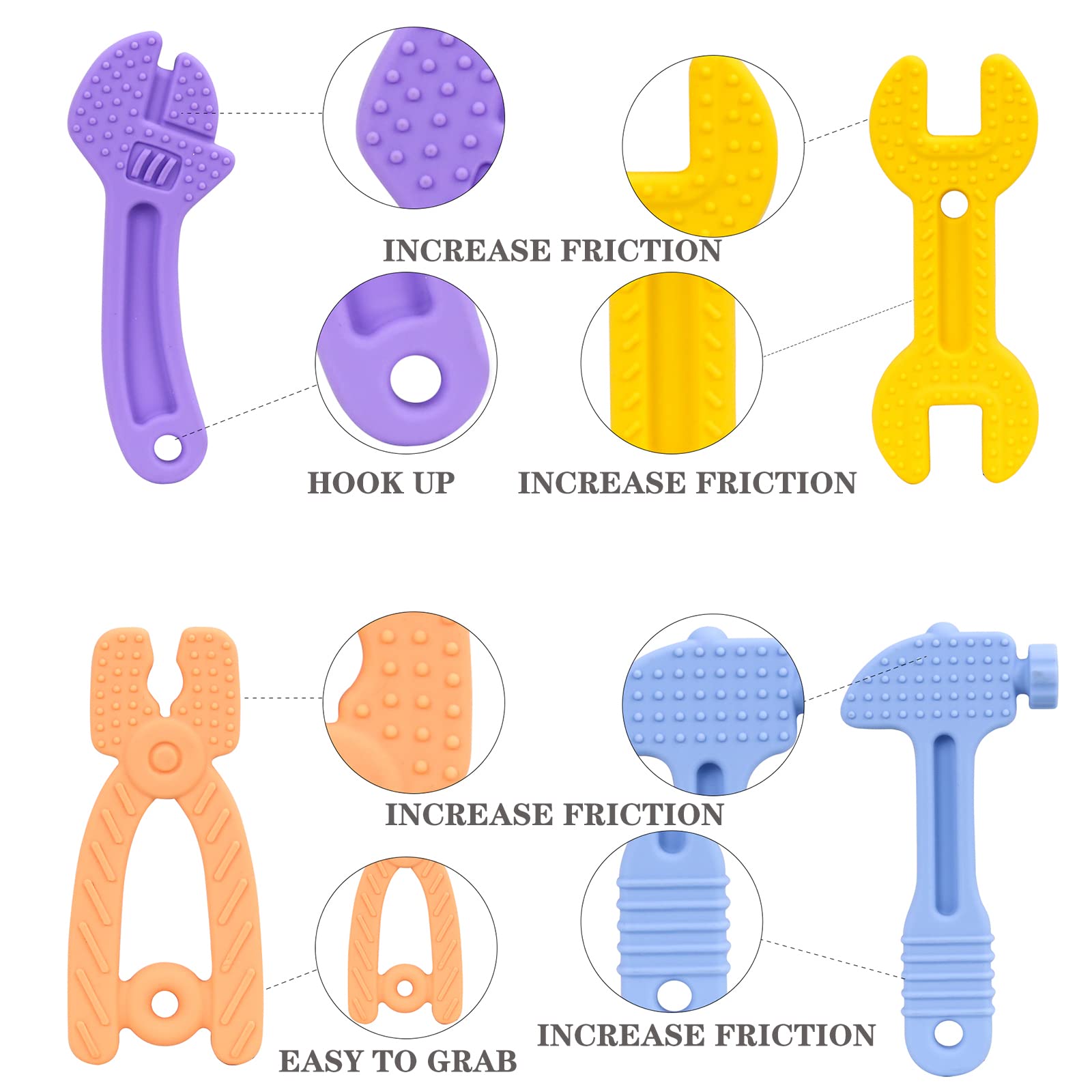 SJUFNDS Silicone Baby Teether Toy - Hammer Wrench Spanner Pliers Shape Infant Teething Molar Ease Babies Sore Gums Freezer BPA 0-6 Months for 6-12 4 Pack