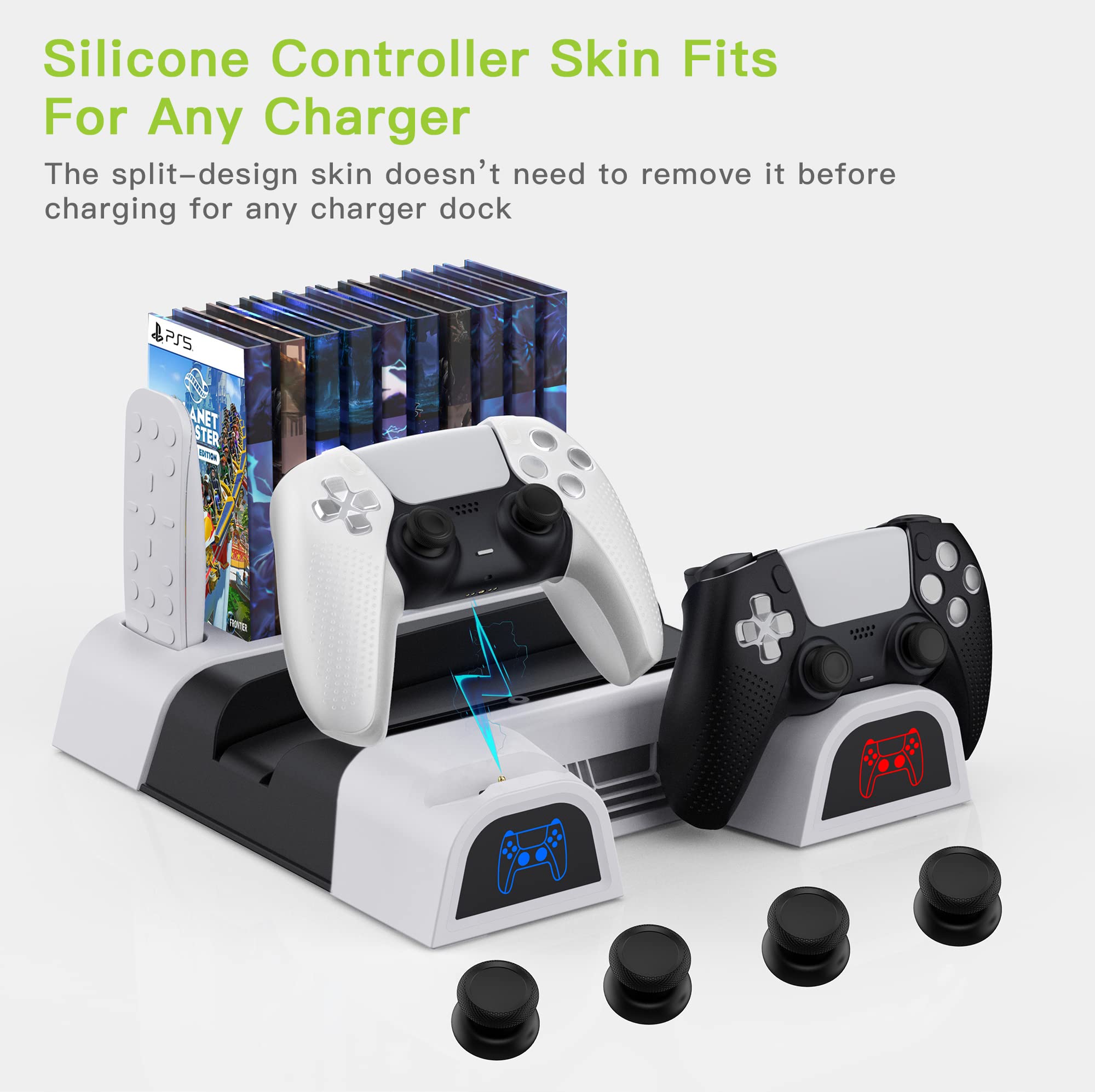 PS5 Cooling Stand Charging Station-7 in 1 full protection kit to PS5 console and controllers, WeProGame Charger Dock, Controller Skins, Thumb Grips ,Headset Holder Accessories Bundle for Playstation5