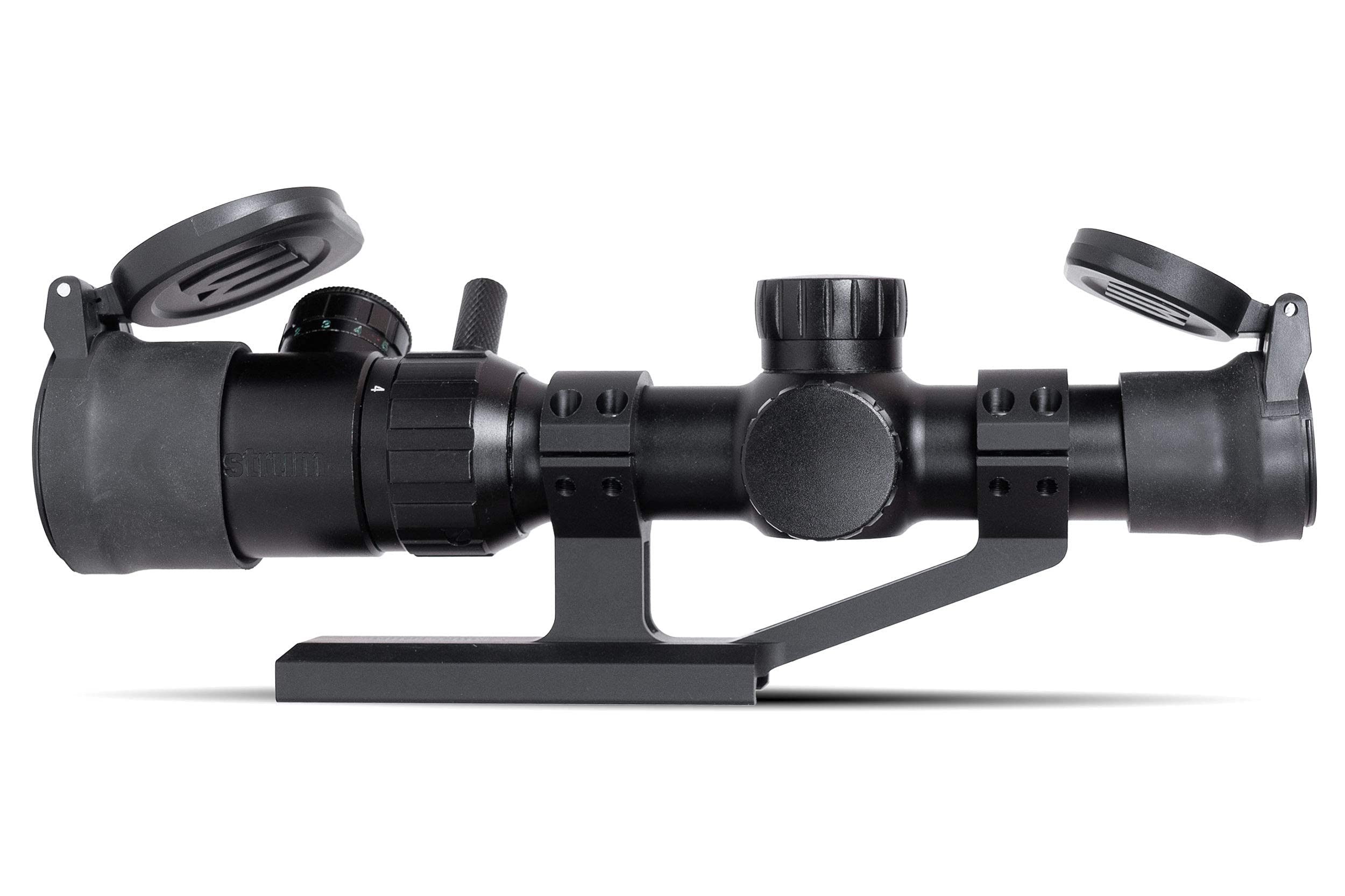 Monstrum 1-4x20 Rifle Scope with Rangefinder Reticle | ZR255 H-Series Offset Scope Mount | Monstrum Flip Up Lens Cover Set | Bundle