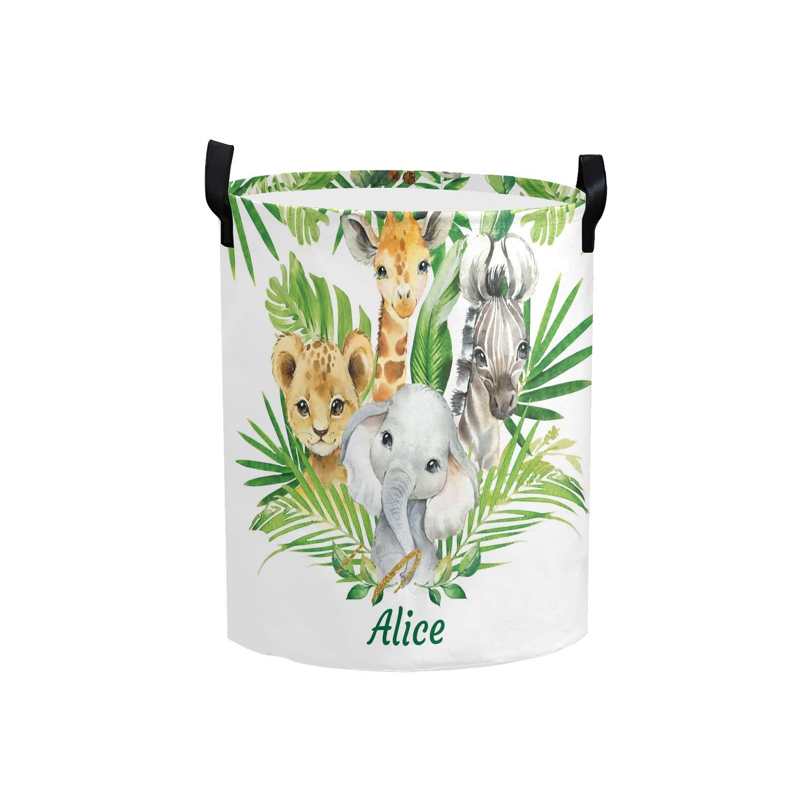zaaprintblanket Personalized Laundry Basket Name Foldable Organizer Laundry Hamper with Handle Gift Baskets for Bathroom Bedroom Living Room(Giraffe Lion Elephant Green Leaves)