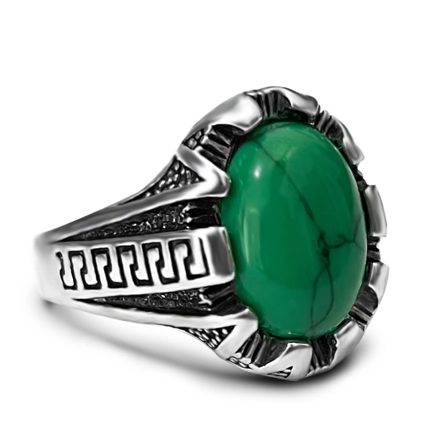 Retro S925 Silver Rings for Men Women,Natural Agate Onyx Stone Ring,Vintage Green Turquoise Garnet Turkey Rings,Oval Shaped Gemstone Rings Jewelry, Silver, Agate