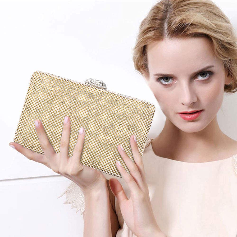Pinprin Ladies Sparkly Rhinestones Evening Clutches Women's Crystal Diamante Evening Bag Prom Wedding Handbag Party Purse (Gold)