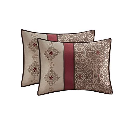 Madison Park Essentials Delaney 24-Piece Room In A Bag Comforter Set-Satin Jacquard, All Season Luxury Bedding, Sheets, decorative pillows and Curtains, Valance, Cal King(104"x92"), Medallion Red
