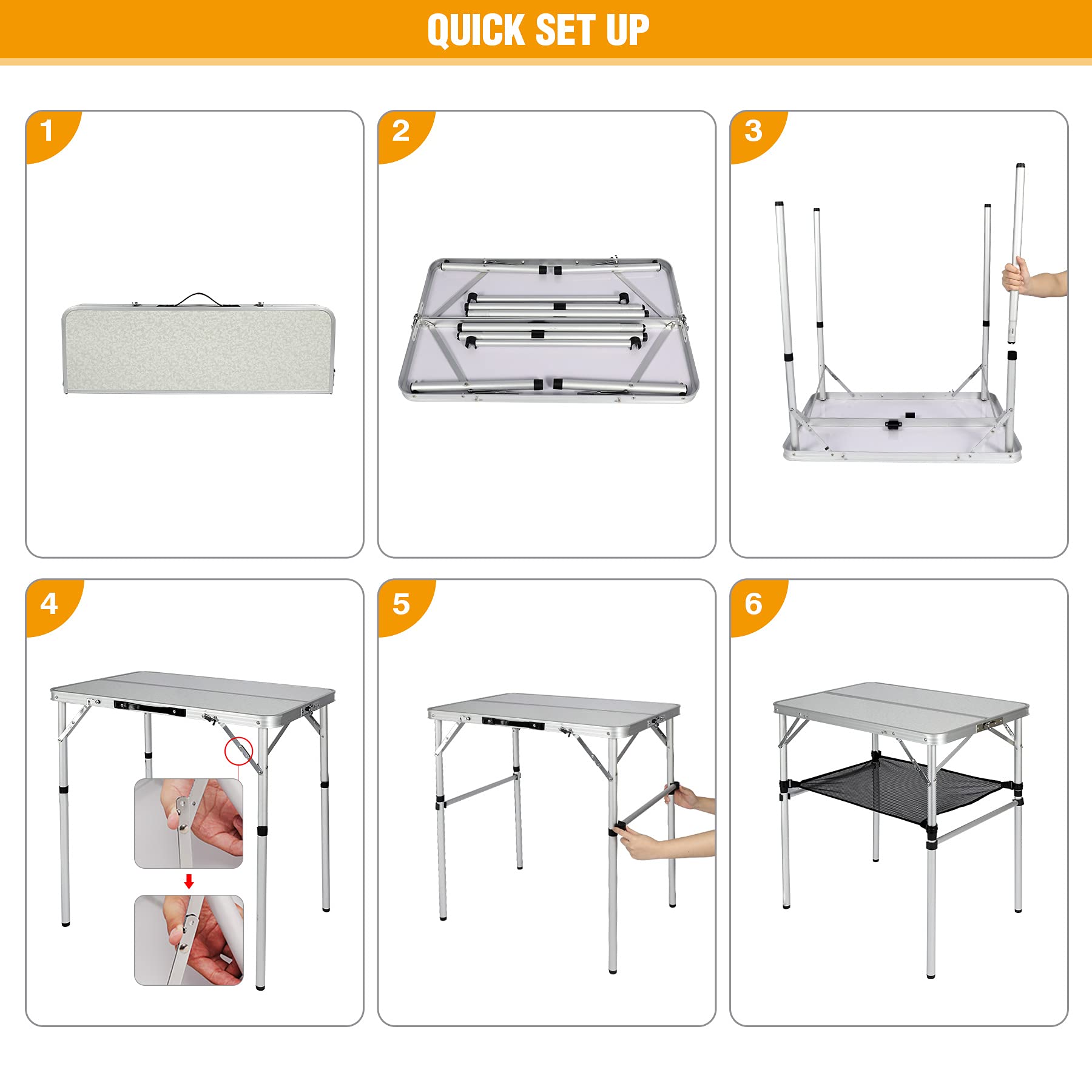 REDCAMP 2.5 Foot Folding Table Adjustable Height with Mesh Storage Organizer, Lightweight Portable Camping Table for Picnic Cooking Outdoor Indoor, White 29.5 x 19inche
