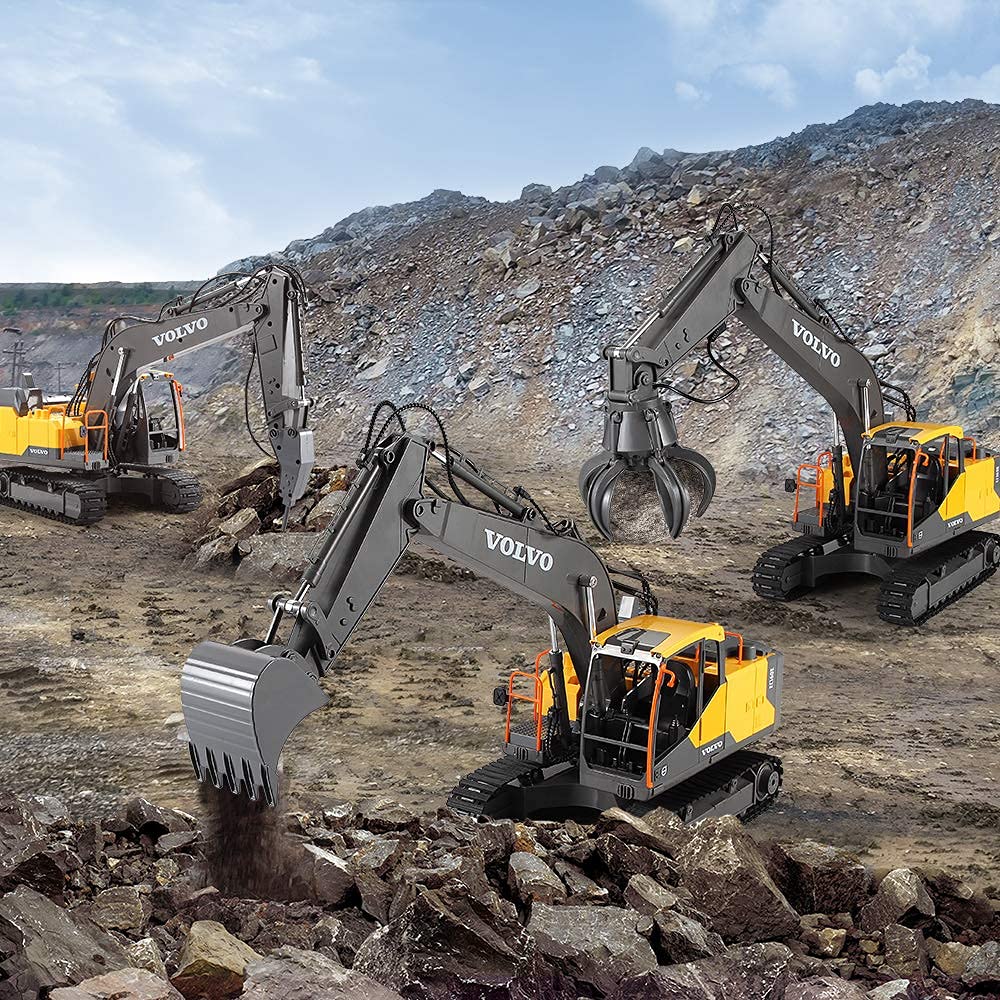 Mostop Remote Control Excavator 1/16 Scale 3 in 1 Shovel Loader RC Excavator Digger Toy with 2 Tools,17 Channel Full Functional RC Construction Truck Vehicle Tractor with Sound and Light