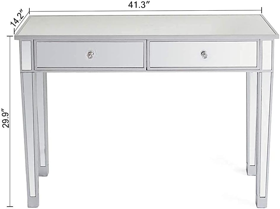 Mirrored Console Table with 2 Drawer, Silver Mirrored Makeup Dressing Table Vanity Desk, Modern Writing Desk Media Table for Bedroom Entryway Home Office