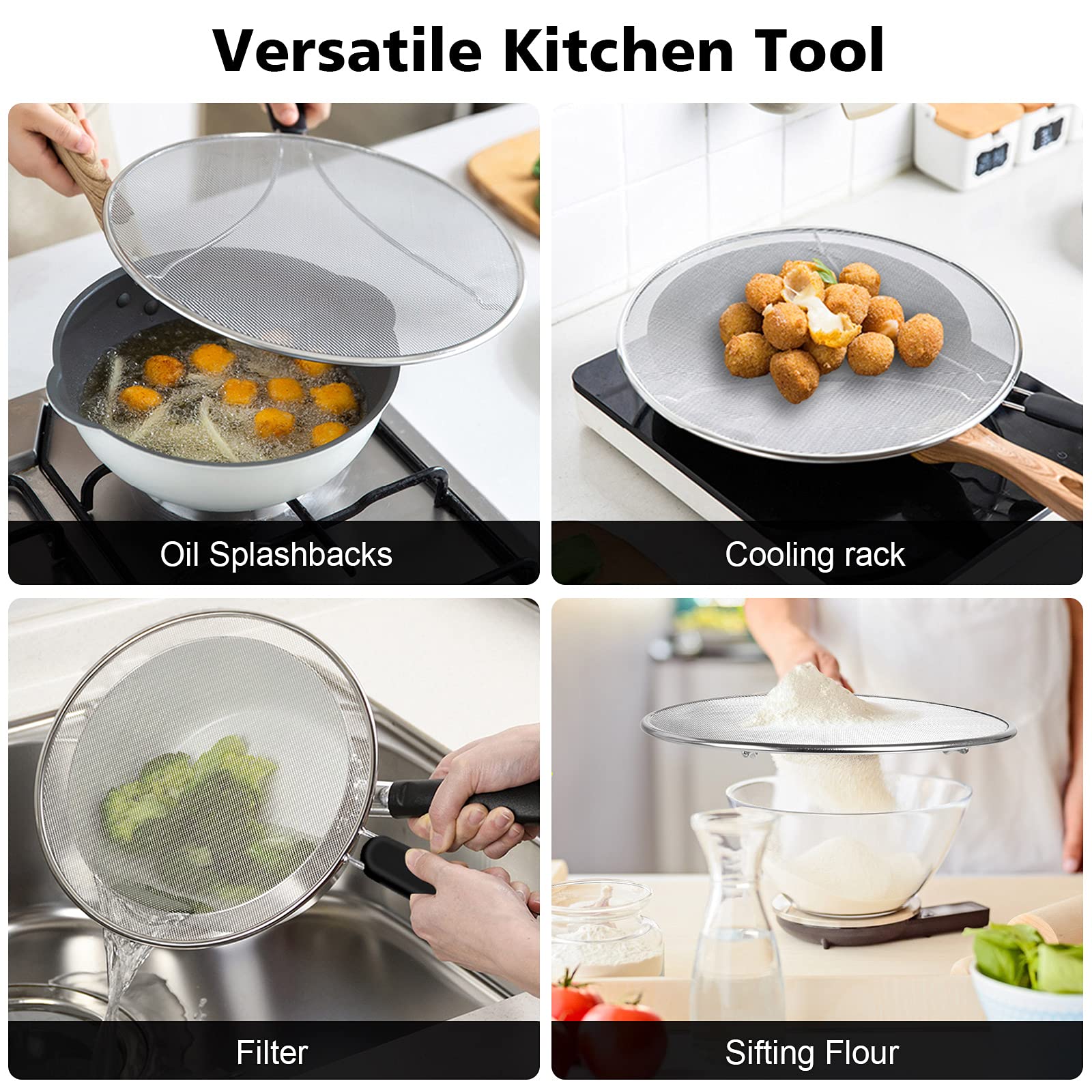 Splatter Screen for Frying Pan 9.8" 11.4" 13", Grease Splatter Guard Hot Oil Splatter Guard, Stainless Steel Fine Mesh Splash Guard with Resting Feet, Shield Grease for Cooking to Prevent Oil Splatter