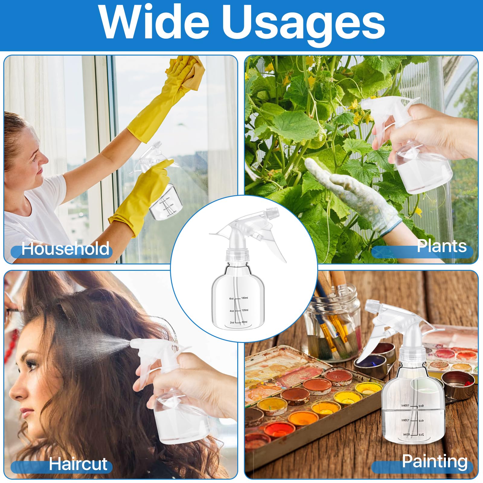 Worldity 24 Pcs Empty Plastic Spray Bottles 8 oz, Clear Spray Bottles, Mini Spray Bottles with Measurement Adjustable Nozzle, Refillable Spray Bottles for Hair Plant Kitchen Bath