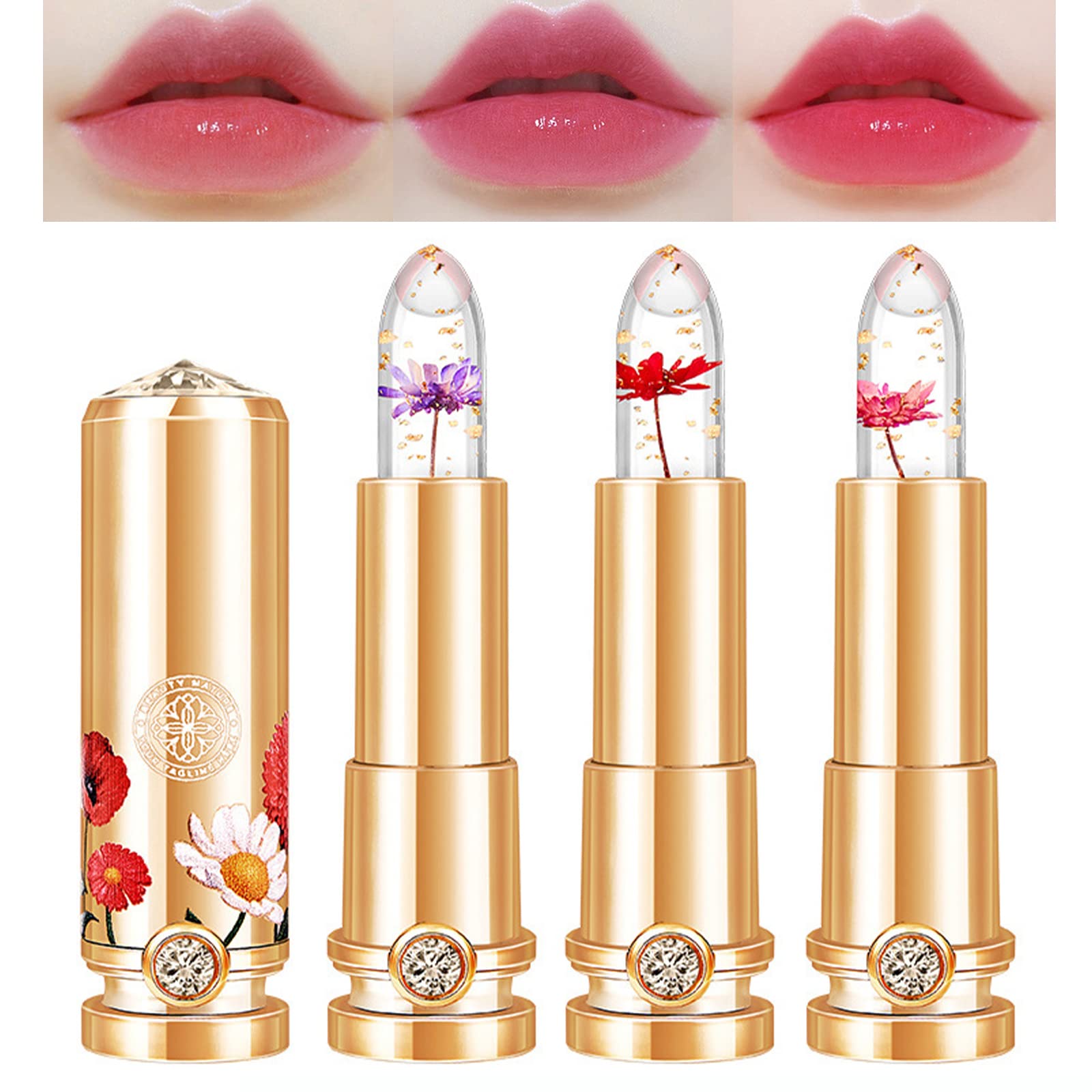 Mrettick 3 Colors Crystal Flower Jelly Lipstick Set,Magic Temperature Color Changing Lip Gloss PH Lipstick Color Changing Jelly Lipstick Waterproof Moisturizer Lip Balm (#1+#2+#3)