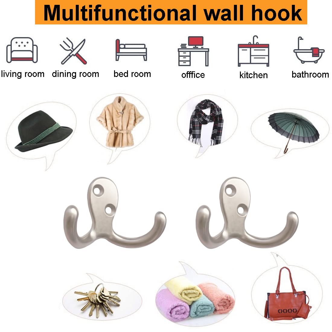 MsBong 10pcs Coat Hooks Hardware, Wall Hooks Heavy Duty Hooks for Hanging Coats Double No Rust Hooks Wall Mounted for Key, Towel, Bags, Cup, Hat (Silvery)