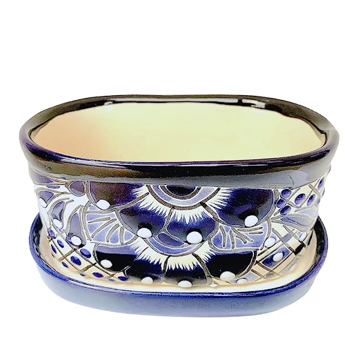 Small Ceramic Pot - Flower Planter with Drainage for Cactus Bonsai Succulents Blue and White Ceramic Pot - Desk Size - Maceta Ceramica Maceta Azul Blanco