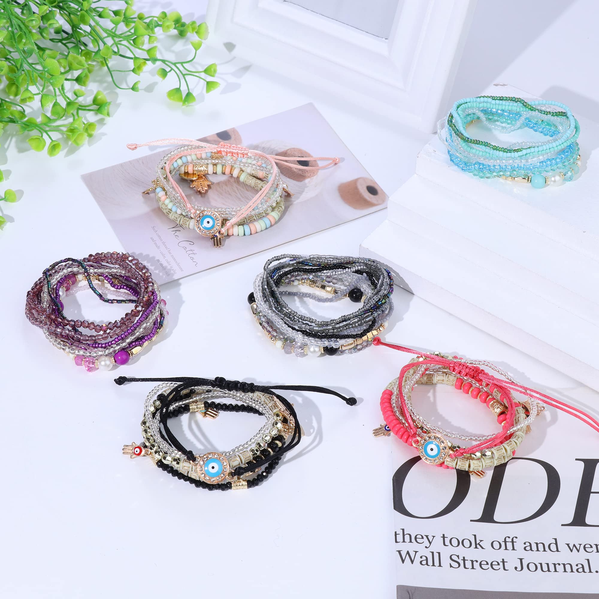 sailimue 6 Sets Bohemian Stackable Bead Bracelets for Women Multicolor Stretch Evil Eye Beaded Bracelets Layered Bead Adjustable Bracelet Jewelry