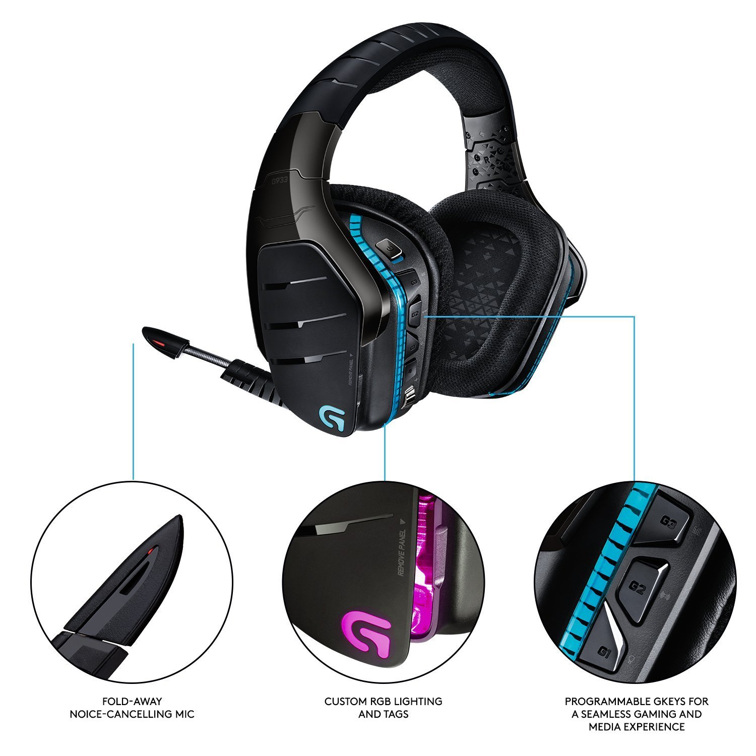 Logitech G933 Artemis Spectrum - Wireless RGB 7.1 Dolby and DTS:X HeadphoneX Surround Sound Gaming Headset - PC, PS4, Xbox One, Switch, and Mobile Compatible - Advanced Audio (Renewed)