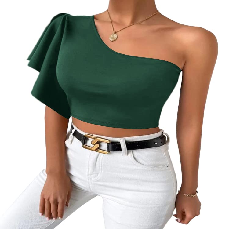 LYANER Women's One Shoulder Ruffle Short Sleeve Knitted Cami Crop Tops Shirt Blouse Violet Medium