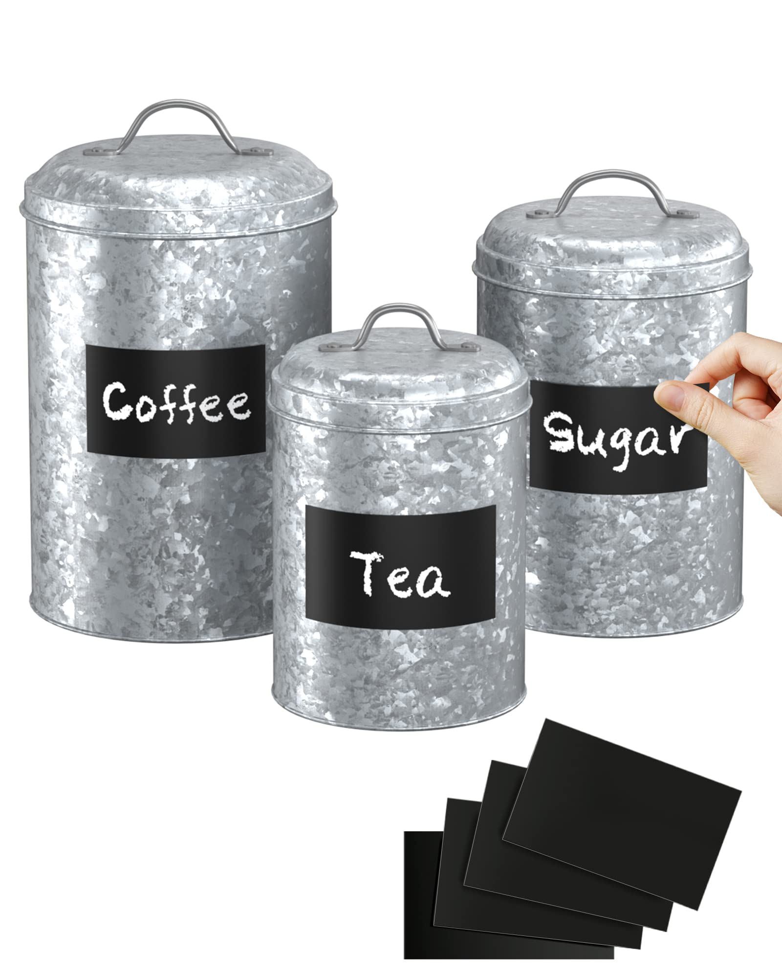 LF LIKEFAIR Farmhouse Kitchen Canisters Set of 3,Food Storage Containers for Home Kitchen, Tea, Herbs, Sugar, Salt, Coffee, Flour, Herbs (Silver)