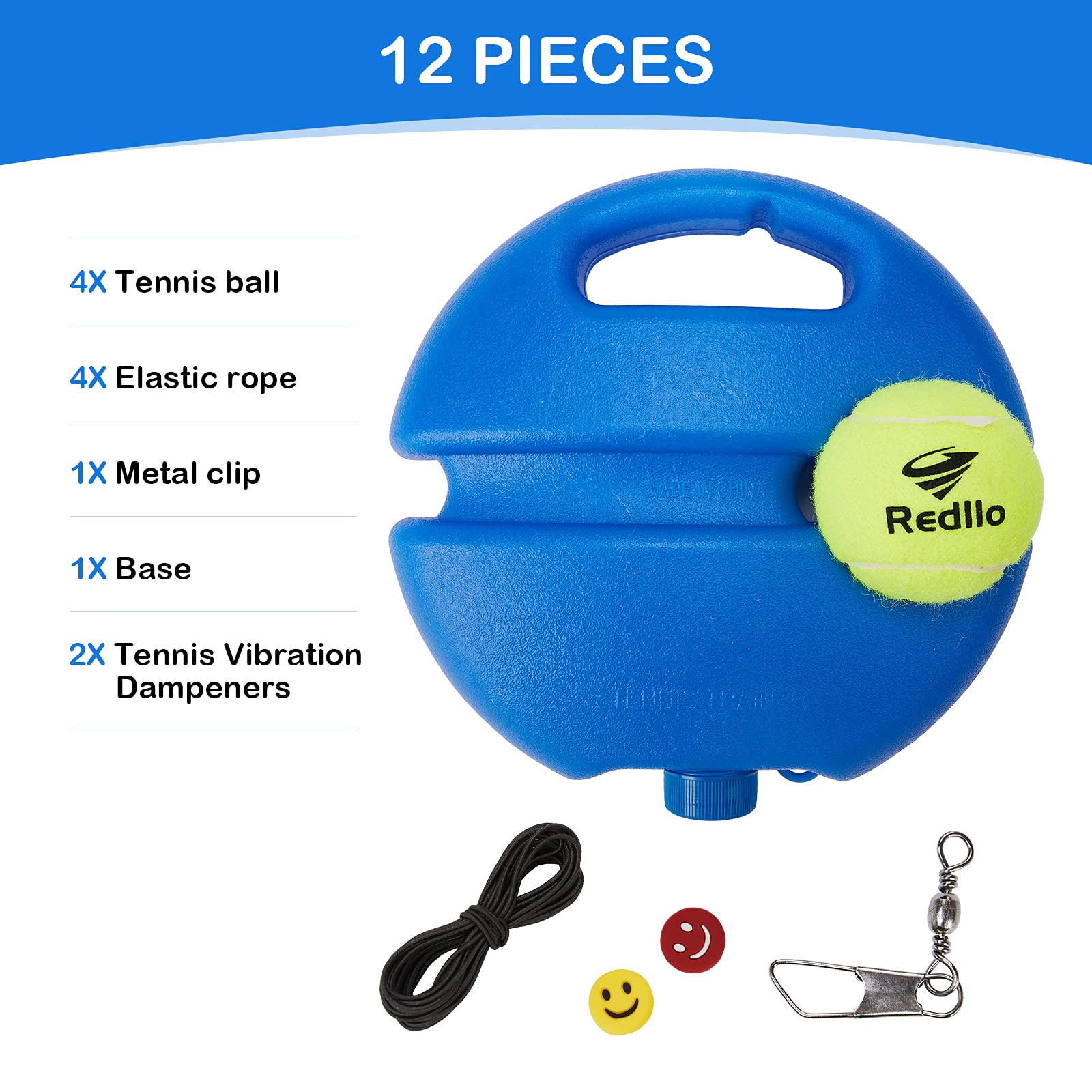Redllo Solo Tennis Trainer Rebound -Portable Tennis Equipment for Self-Practice Includes 4 String Balls 2 Tennis Vibration Dampeners.Works for Kids, Beginners