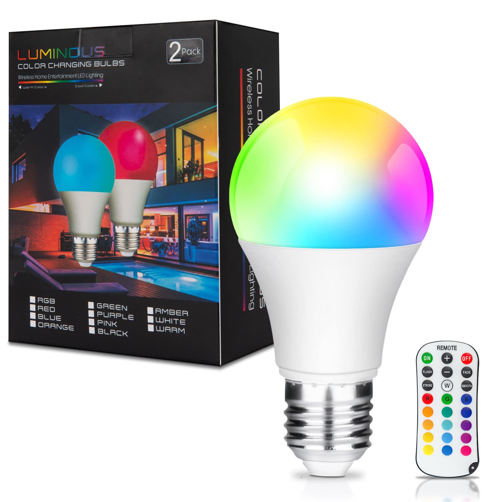 RGB Led Light Bulb with Remote, Color Changing Light Bulb, 40W Equivalent,Warm White 5W E26 Screw Base RGBW, Flood Light Bulb- 16 Color Choices - Timing Infrared Remote Control Included (2 Pack)