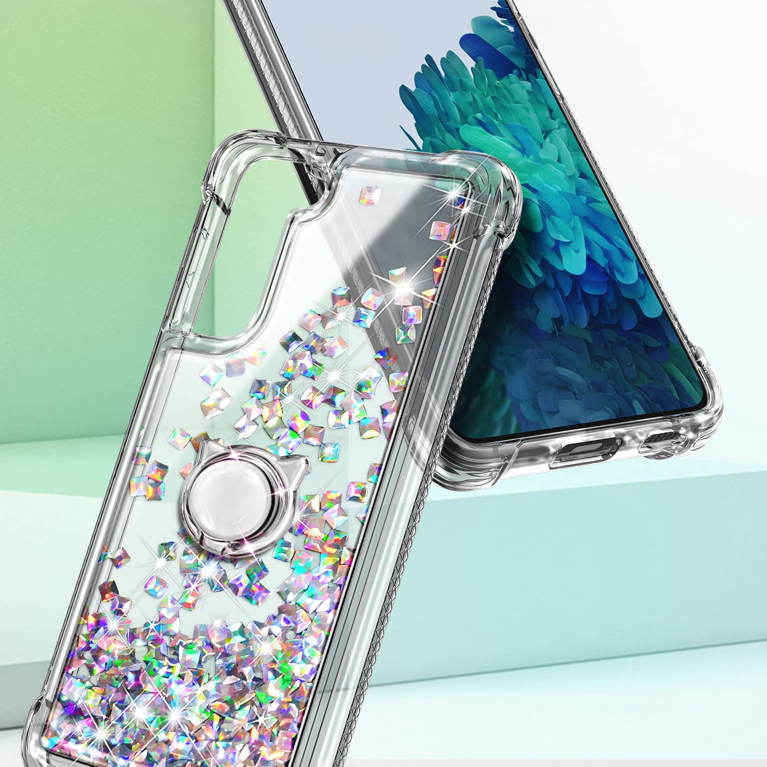 NGB Case for Samsung Galaxy S21 5G with Screen Protector (Maximum Coverage, Flexible TPU Film), Ring Holder, Girls Women Liquid Bling Sparkle Fashion Glitter Clear Cute Phone Case (Gem)