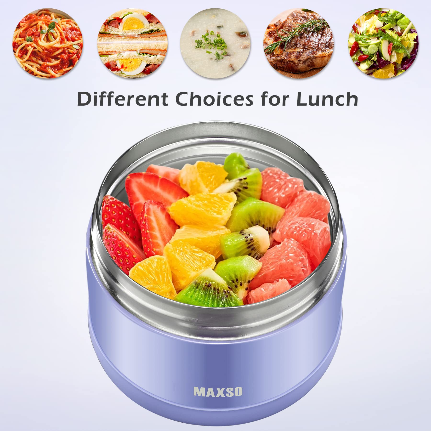 MAXSO Soup Thermo for Hot Food - 24 oz Vacuum Insulated Lunch Container with Foldable Spoon & Thermal Bag, Wide Mouth Bento Box for Adults (Purple)