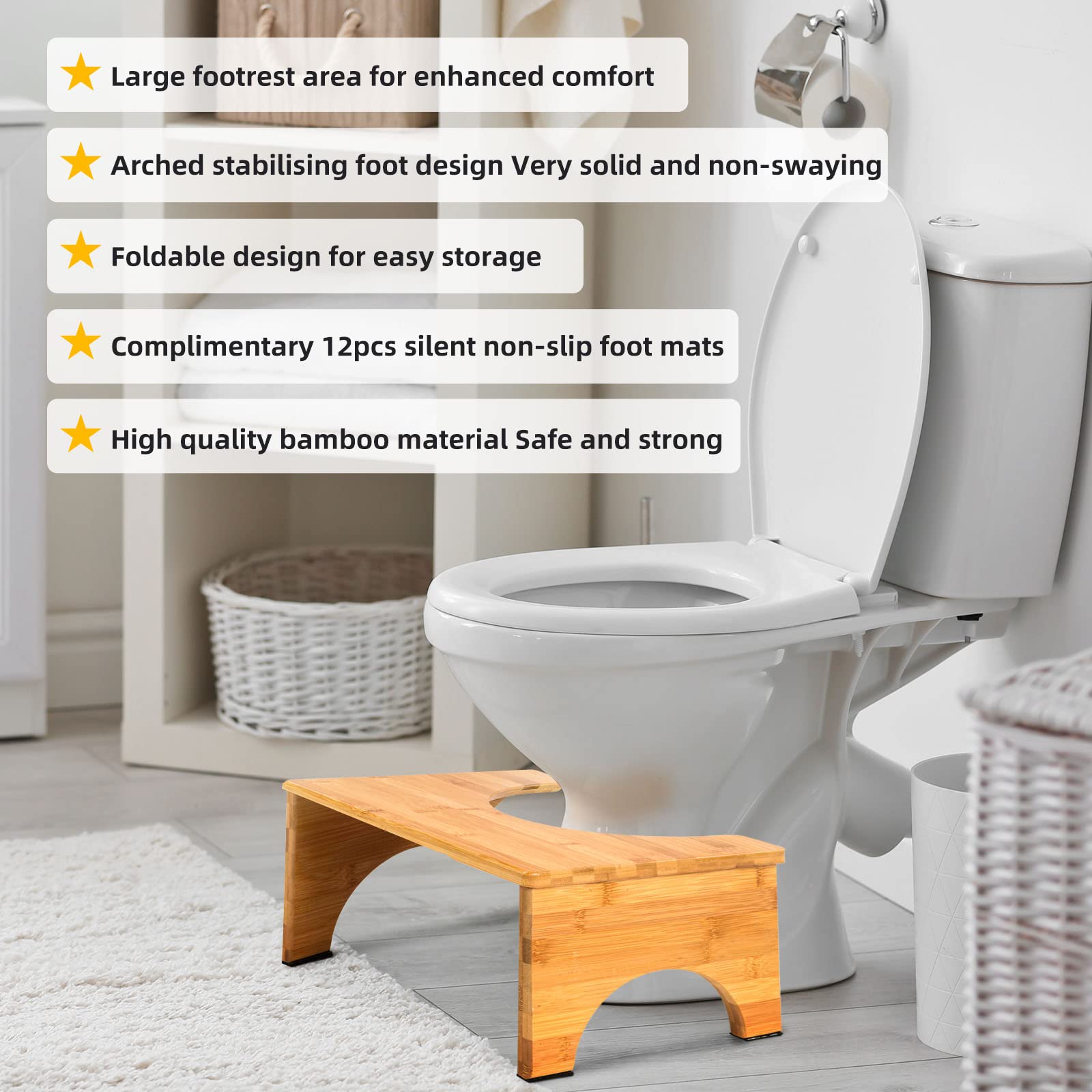 MPINOI Toilet Stool，7 Inch Potty Stool for Adults，Foldable Squatting Toilet Stool for Bathroom，Bamboo Toilet Stool Adults, with 12pcs Anti Slip Strip, 450 lbs Capability(7" Natural Color)