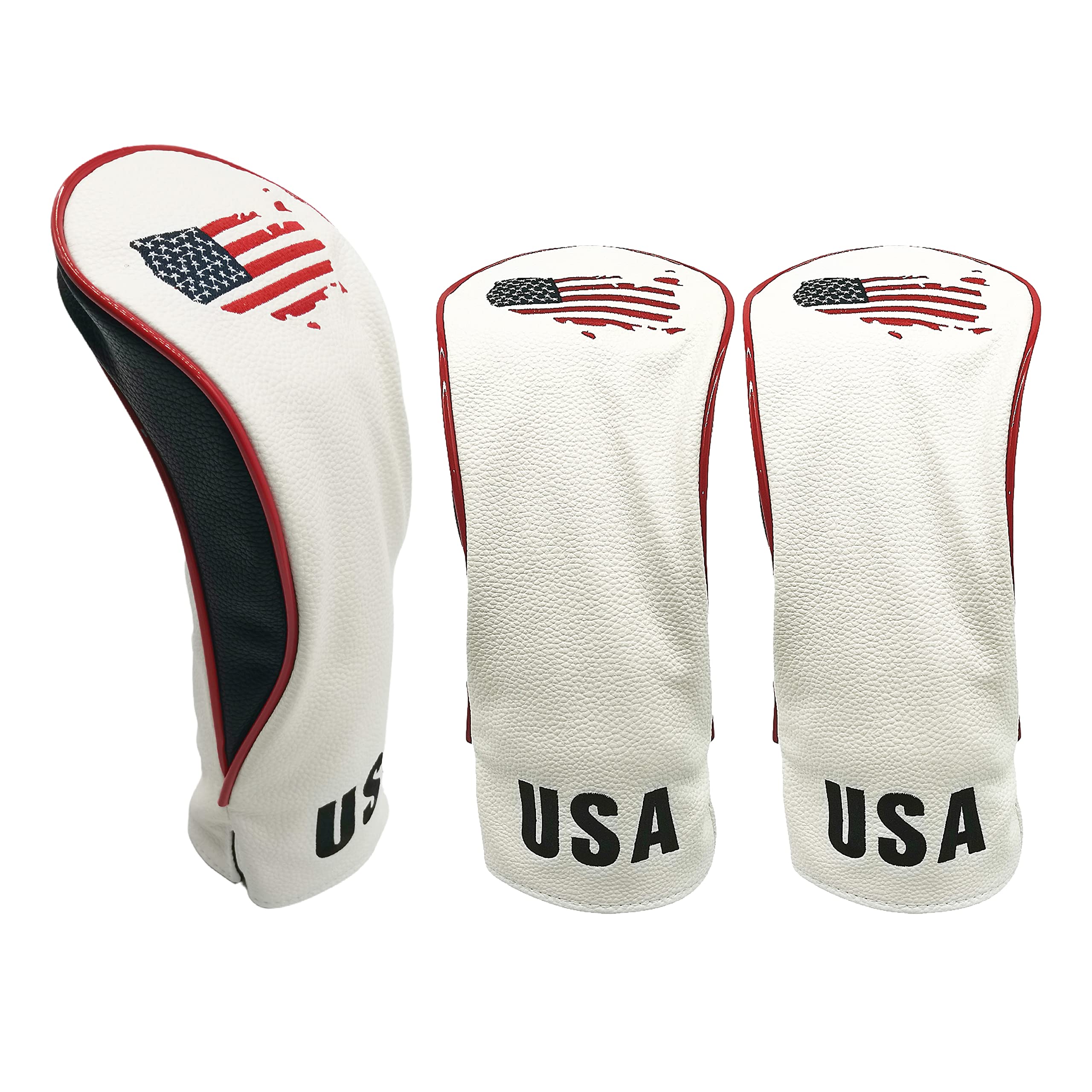 Sailling golf 3 Wood Headcover Knitted Embroidered Stars and Stripe Soft Leather, USA Golf Head Covers for Woods and Driver (White-3pcs)