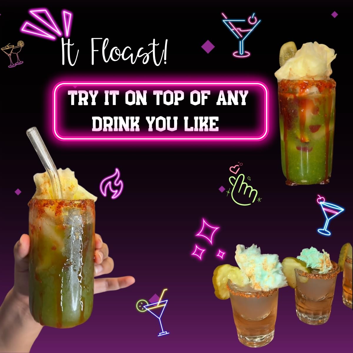Lupy Lups! Cotton Candy Pickle with Chili Chamoy- Family Size 5 oz - Drinks Topper - Margaritas Cocktails- Party Piñata