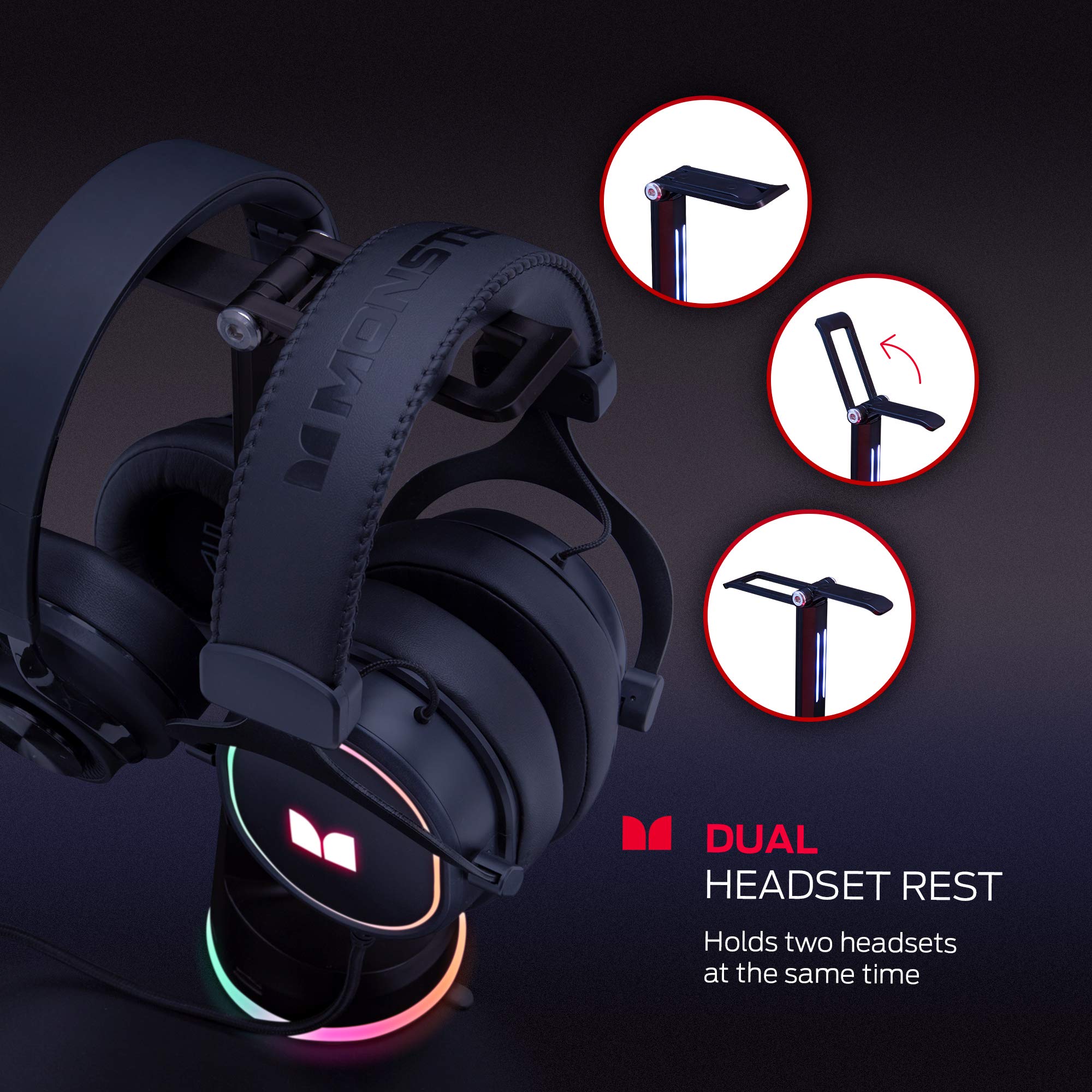 Monster Dual Gaming Headset Stand with 4 USB 3.0 Ports, and RGB Changing LED Effects, for Wired or Wireless Headphones, Black (2MNGH0167B0E2)