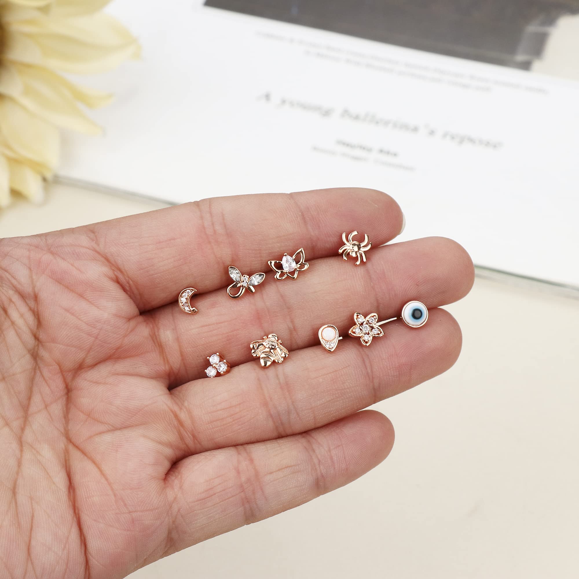 Sanfenly 9PCS 16G Stainless Steel CZ Internally Threaded Labret Monroe Lip Studs Helix Cartilage Tragus Earring Nose Piercing Jewelry