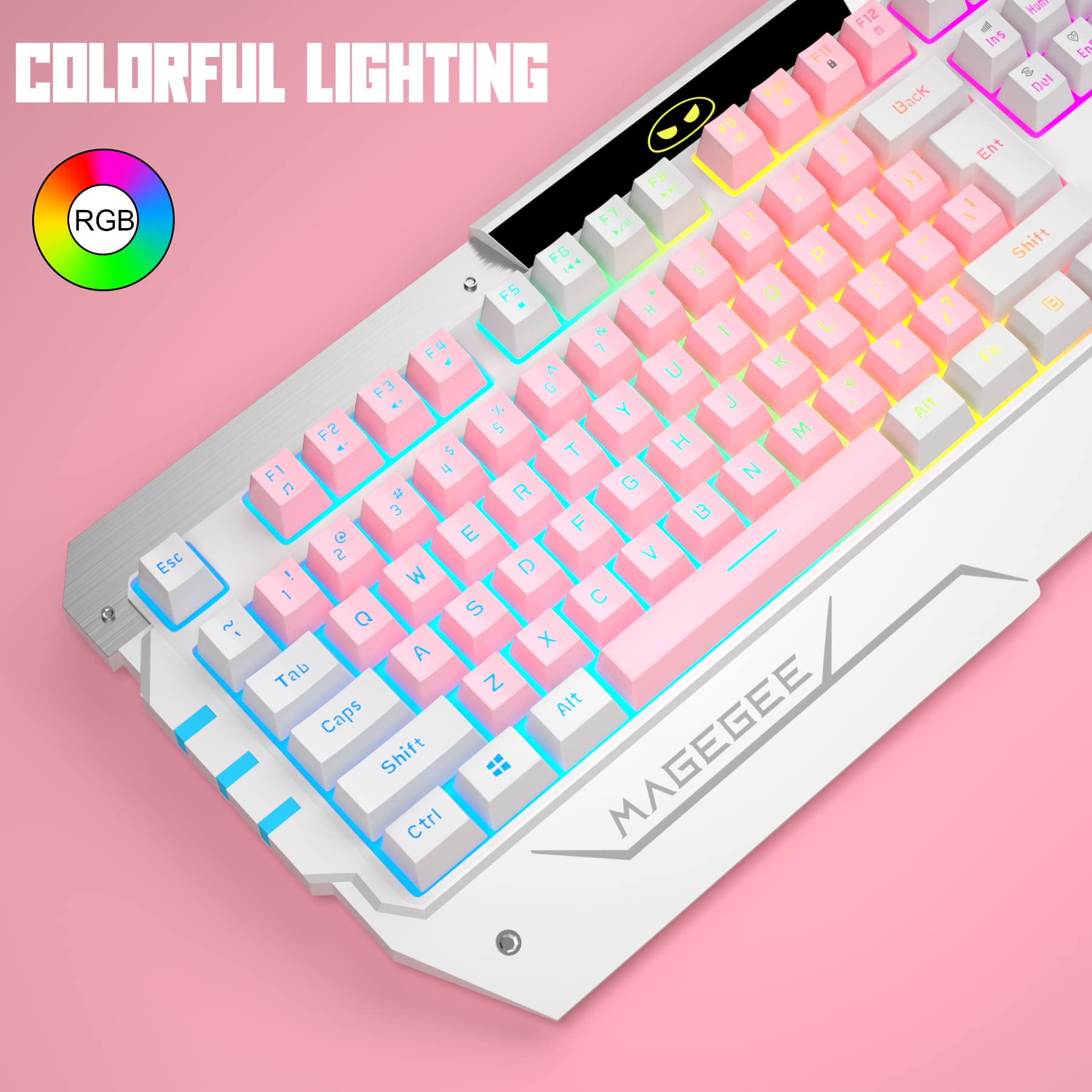Pink Wired Gaming Keyboard Mouse Combo, Keyboard RGB Rainbow Backlit 104 Keys USB Ergonomic with Wrist Rest Keyboard with 4800 DPI Mouse for PC Gamer (White & Pink)